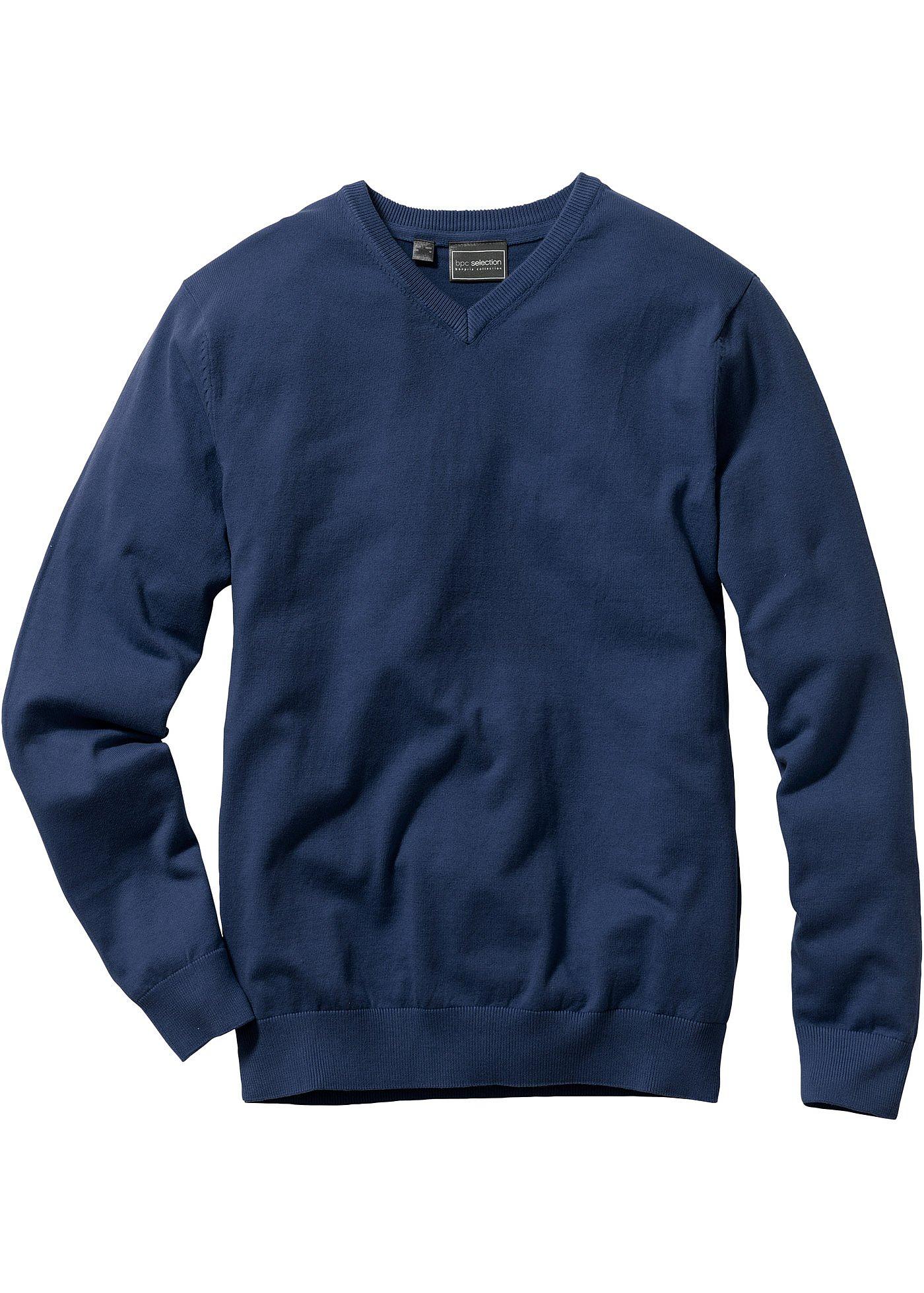 Maglione classico in filato fine con scollo a V - Blu scuro Maglione classico in filato fine con scollo a V - Blu scuro