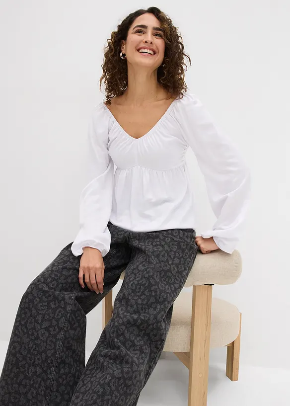 Blusa trendy con scollatura a V e arricciature - Bianco